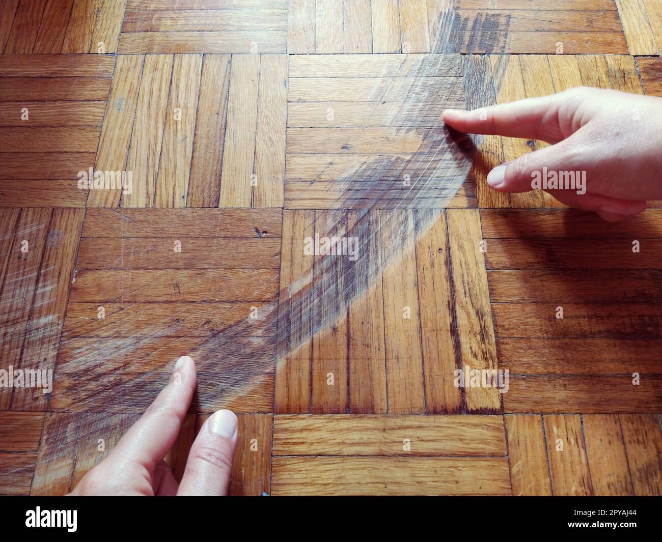 Old, scratched parquet flooring needs maintenance. the parquet is ...