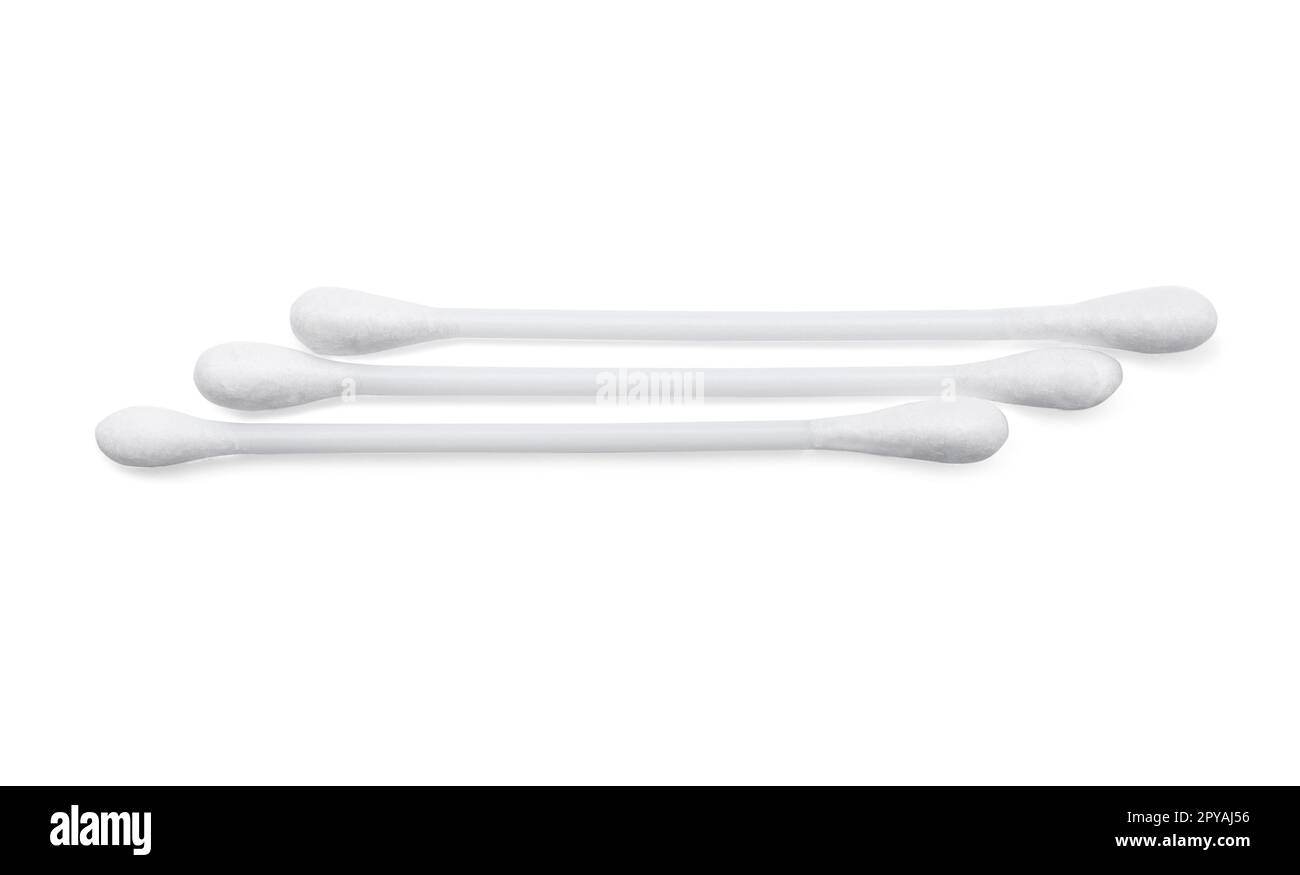 Plastic cotton buds on white background, top view Stock Photo - Alamy