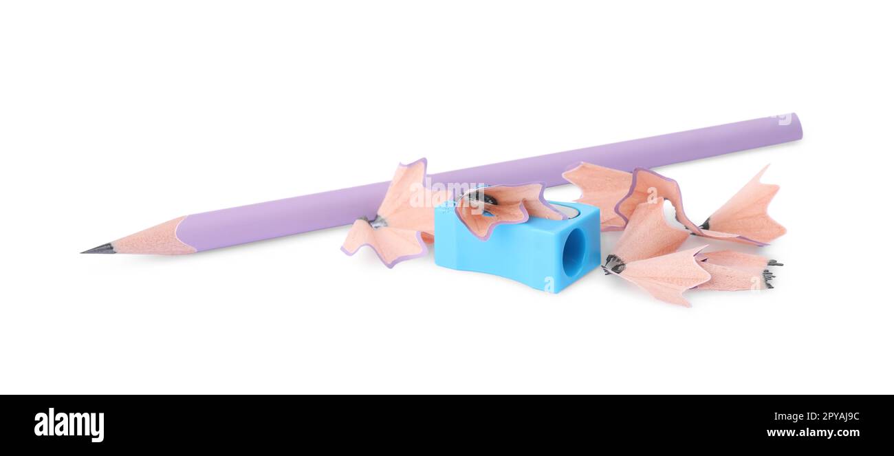 Light blue sharpener with shavings and pencil on white background Stock ...