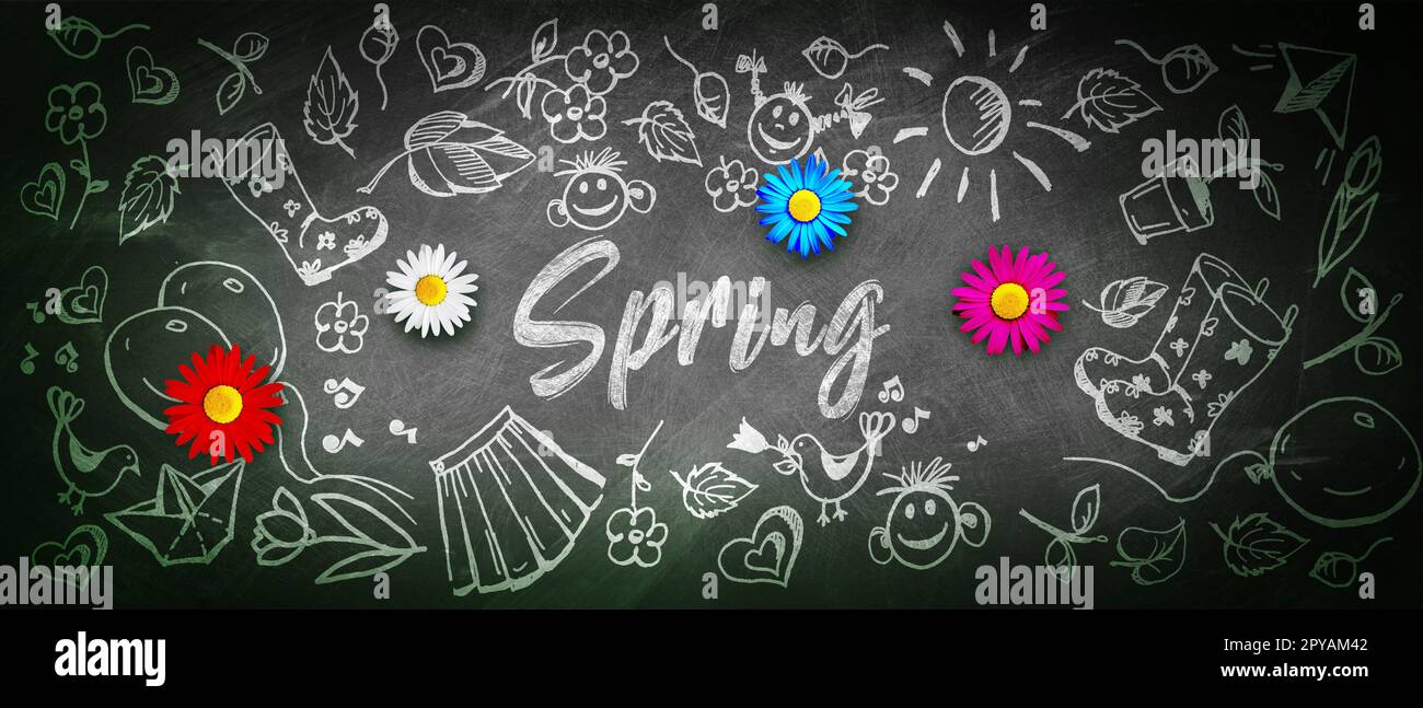 Funny spring word witten on chalkboad background Stock Photo - Alamy