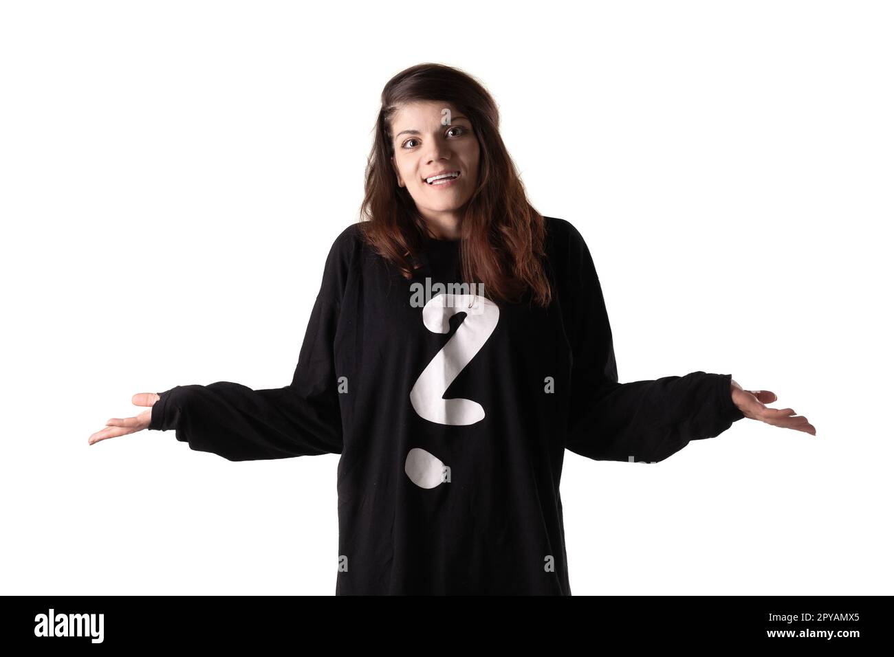 Portrait of a girl wearing black outfit with white question mark making ...