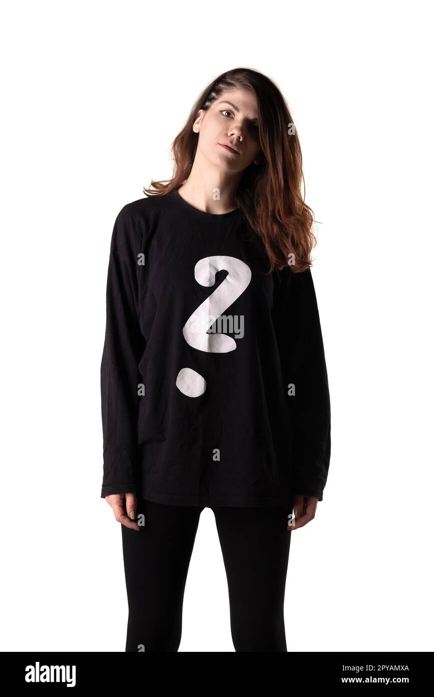 Portrait of a girl wearing black outfit with white question mark ...