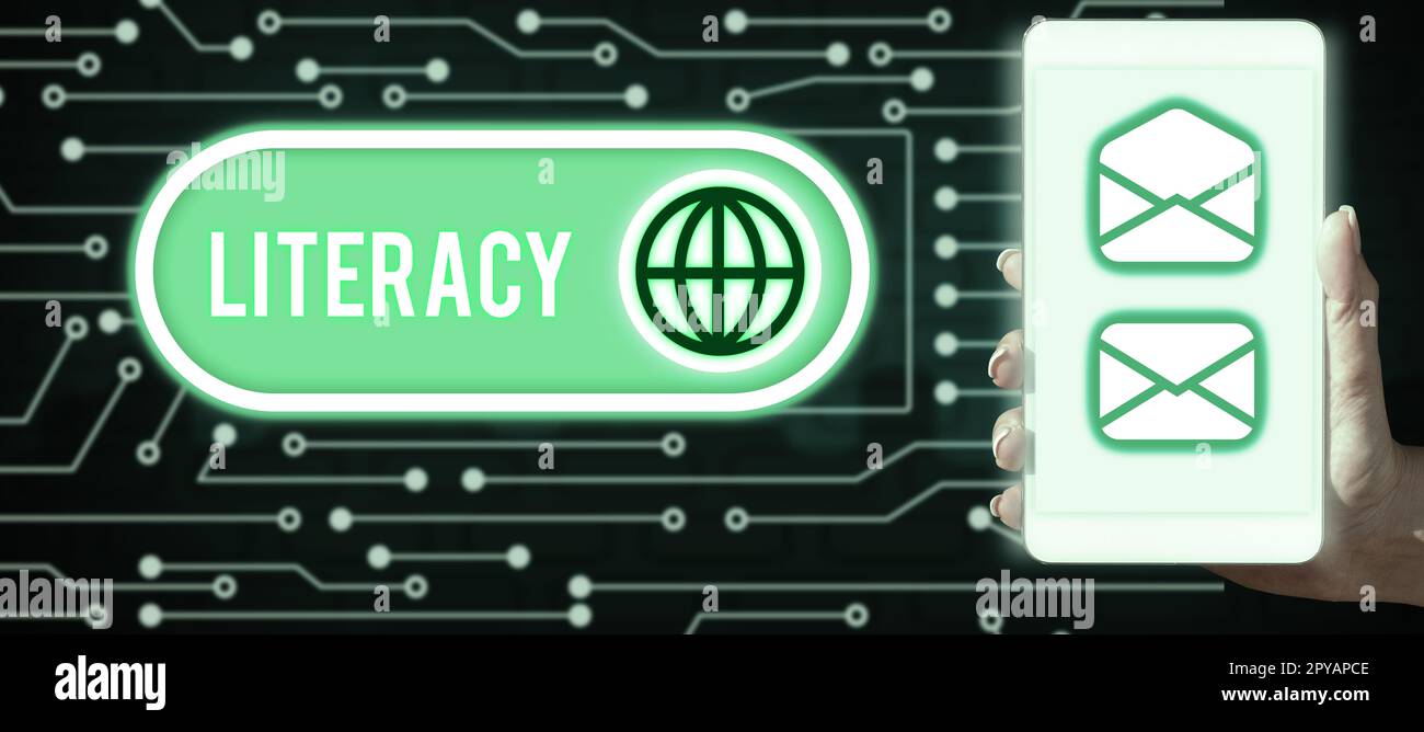 Writing displaying text Literacy. Concept meaning ability to read and ...