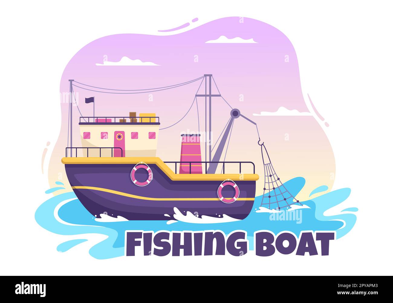 Fishing Boat Illustration with Fishermen Hunting Fish Using Ship for ...