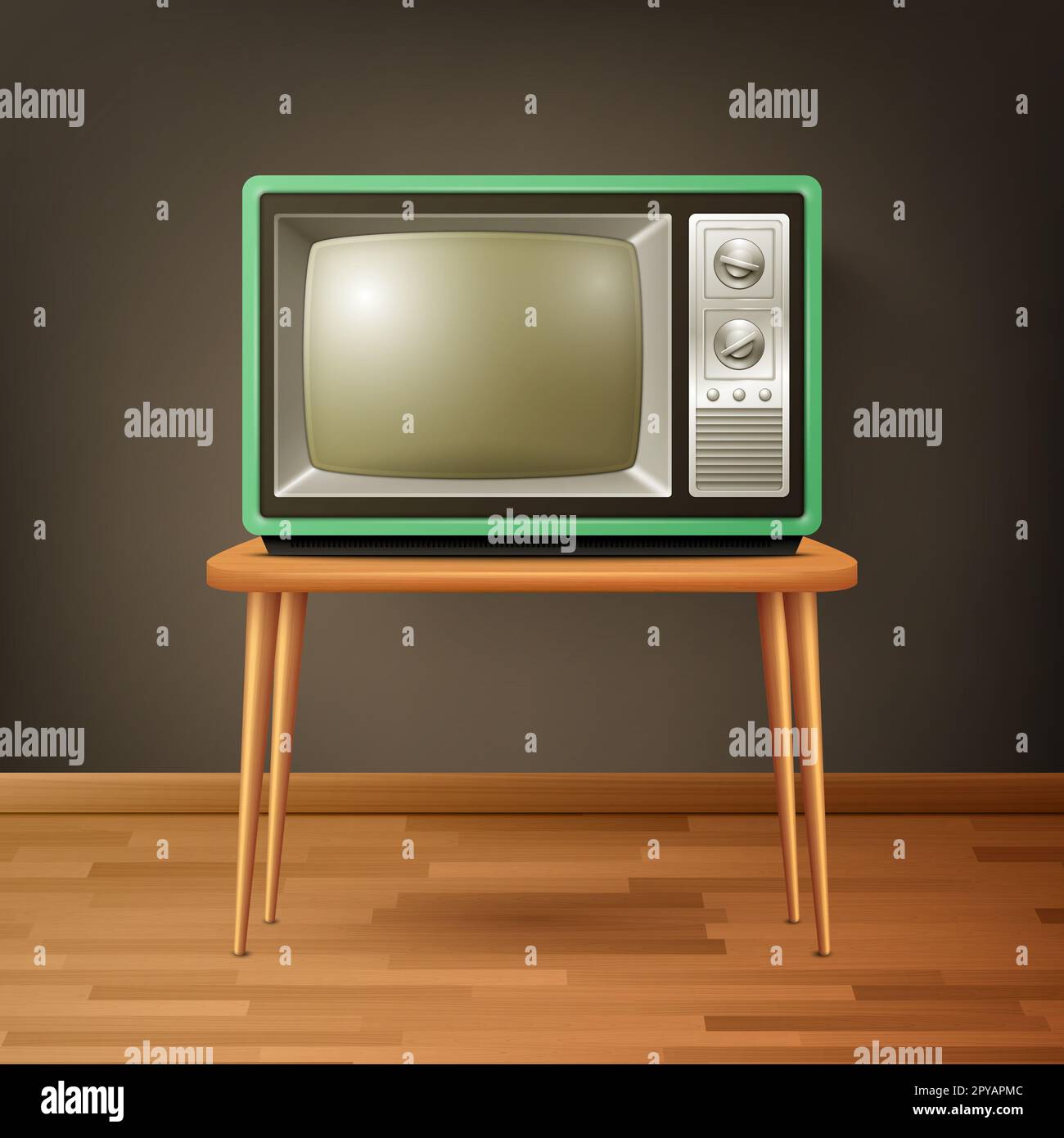 Vector 3d Realistic Retro TV Receiver on Wooden Floor. Home Interior ...