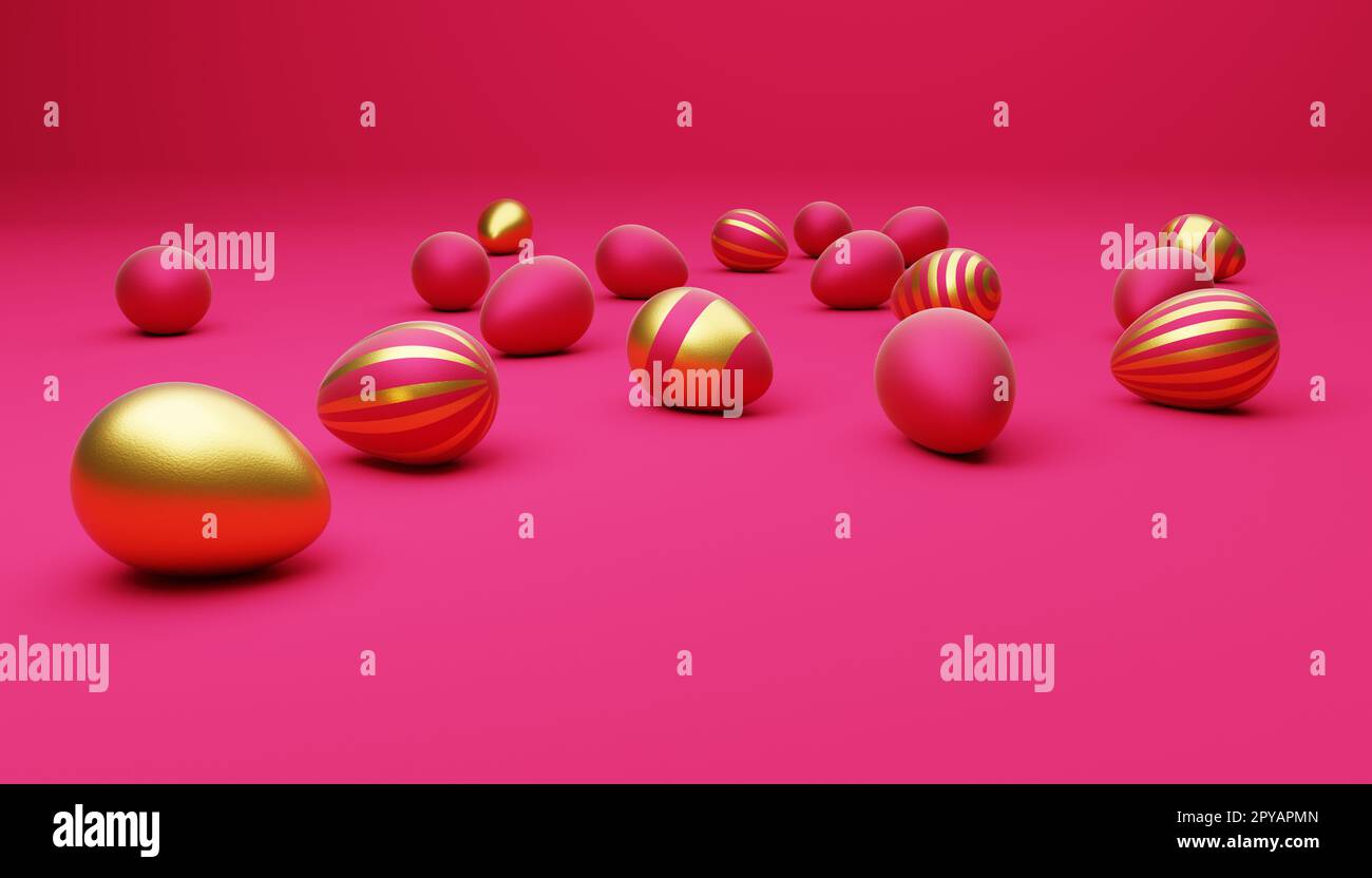 Many pink Easter eggs with some golden eggs on a pink background Stock ...