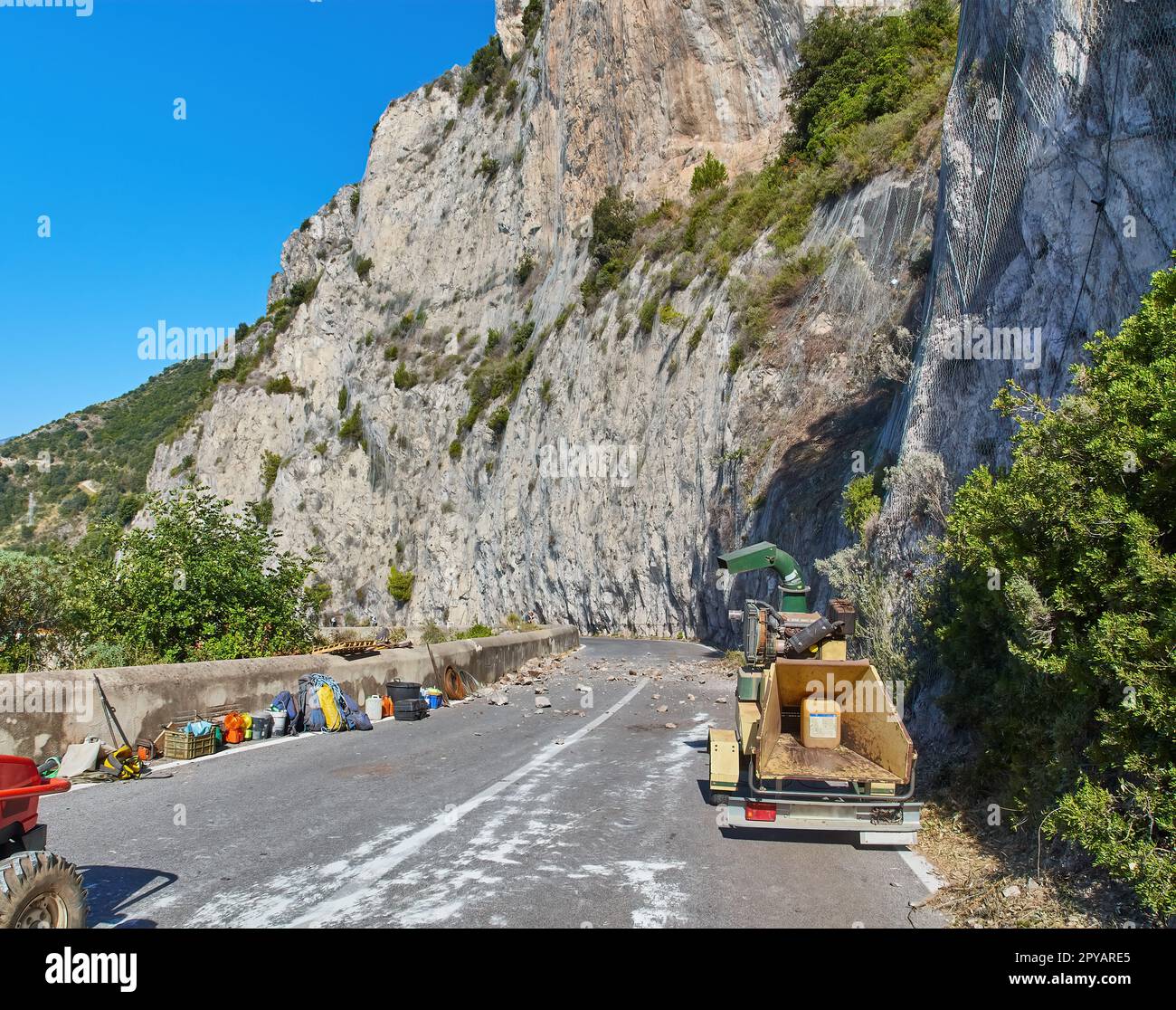 Amalfi Coast. Asphalt coastal road path route blocked by land slide ...