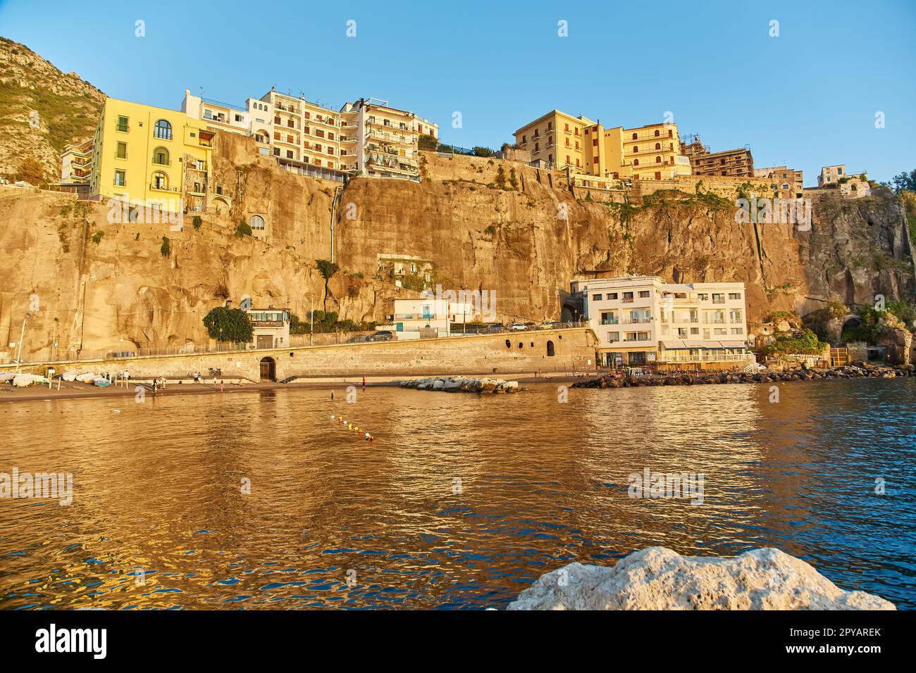 View of the Amalfi Coast and the village of Meta, Italy. Seaside resort ...