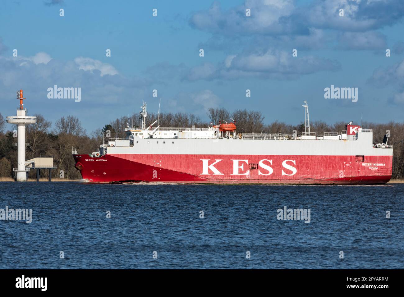 Stade, Germany – March 24, 2023: Vehicles carrier WESER HIGHWAY on Elbe ...