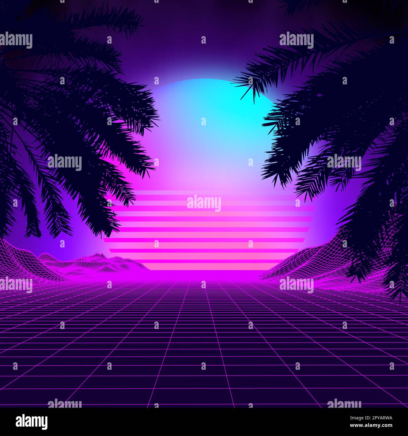 3d sunset on the beach. Retro palms vector sci fi background. Digital ...