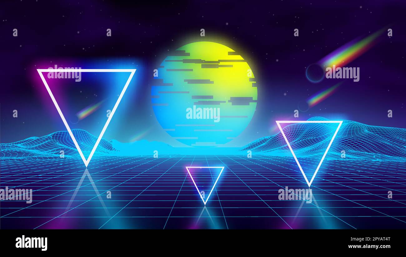 Retro 3d illustration with blue retro. Game background with green blue ...