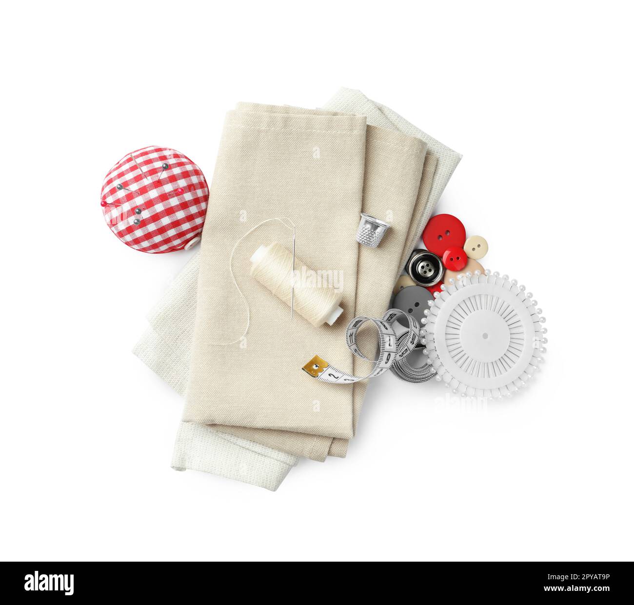 Spool of thread and sewing tools on white background, top view Stock ...