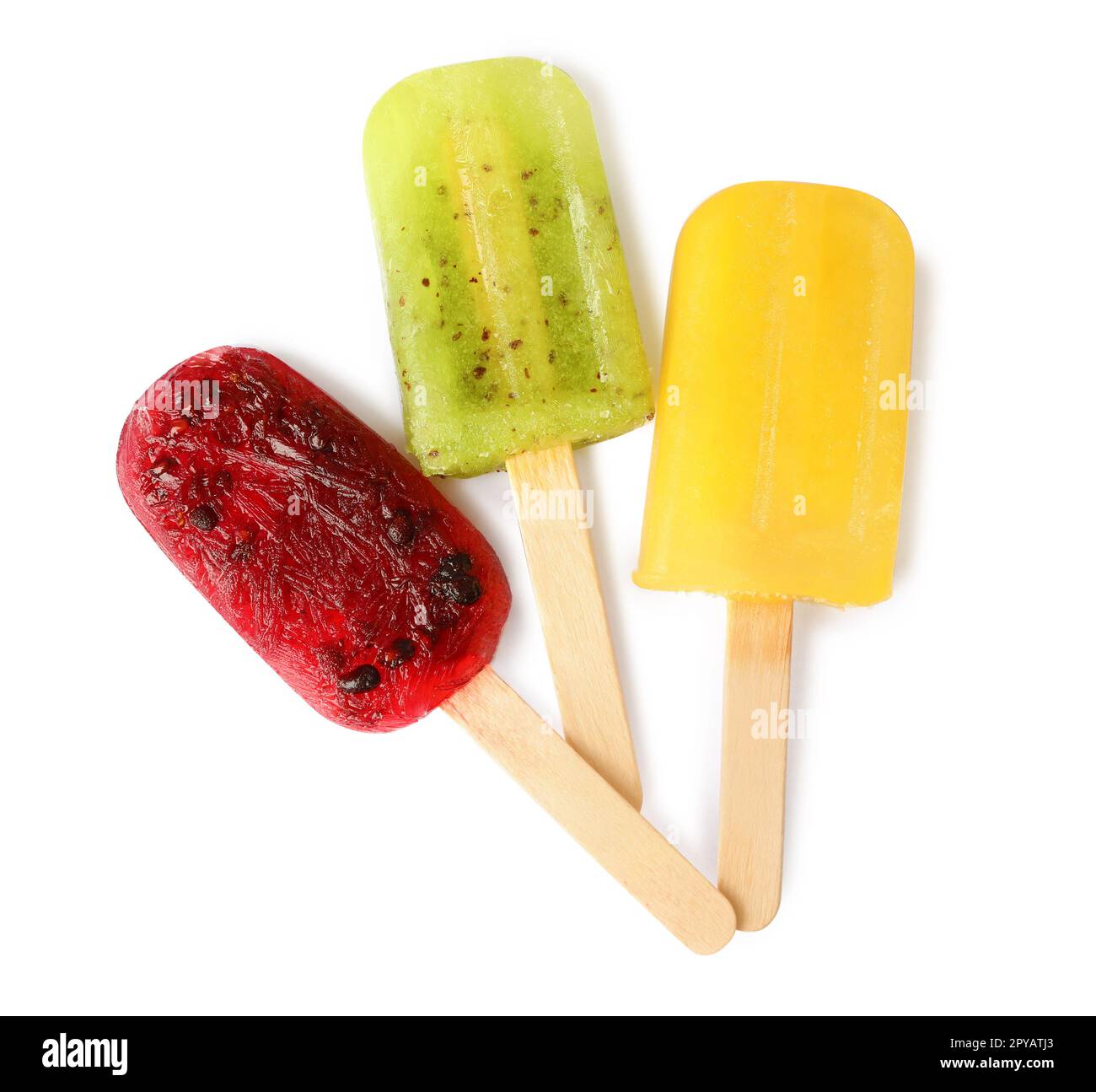 Delicious ice pops on white background, top view. Fruit popsicle Stock ...