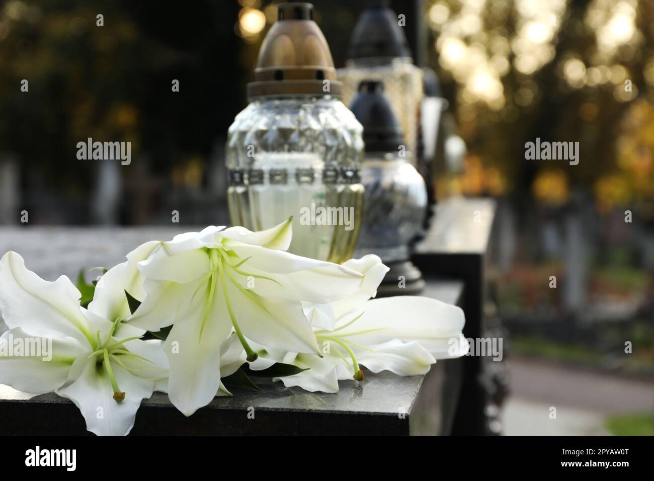 White lilies and grave lights on granite tombstone outdoors, space for text. Funeral ceremony ...