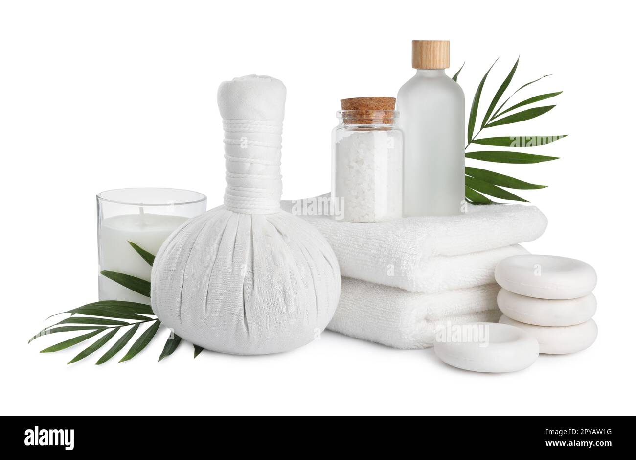 Beautiful composition with different spa products on white background ...