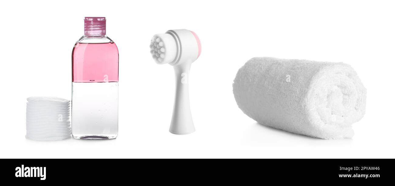 Set with bottle of cosmetic product tools for cleansing on white ...