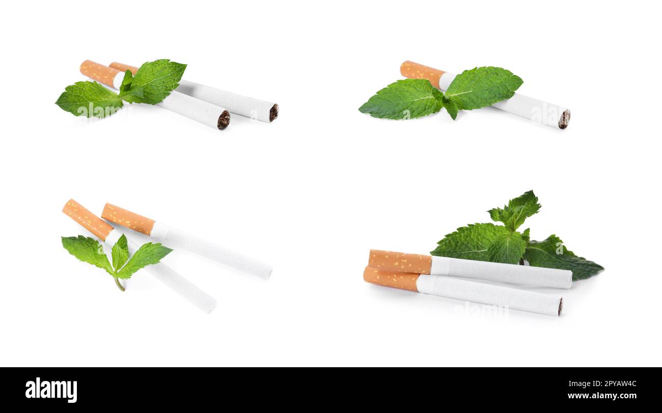Set with menthol cigarettes and fresh mint leaves on white background ...