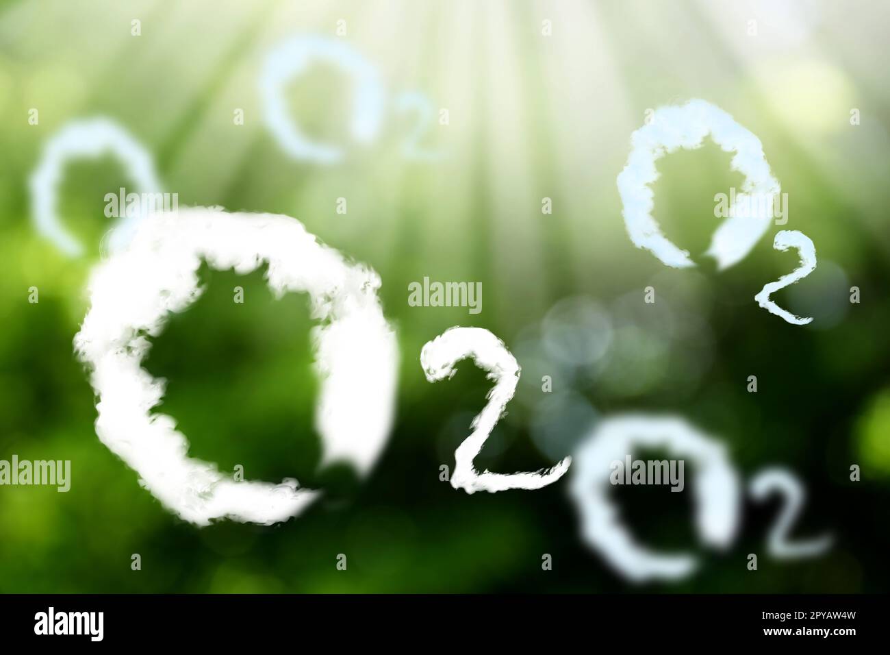 O2 molecules made with clouds and blurred view of green background ...