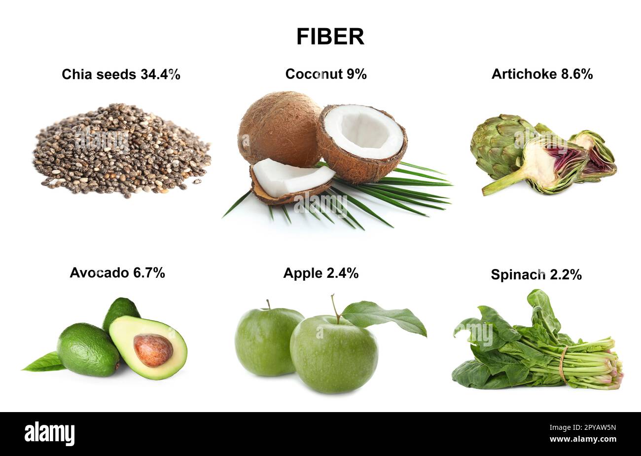 Set with different products rich in fiber on white background Stock ...