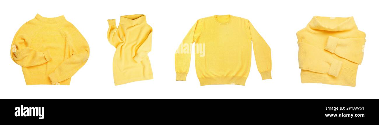 Set with cashmere sweaters isolated on white, top view. Banner design ...