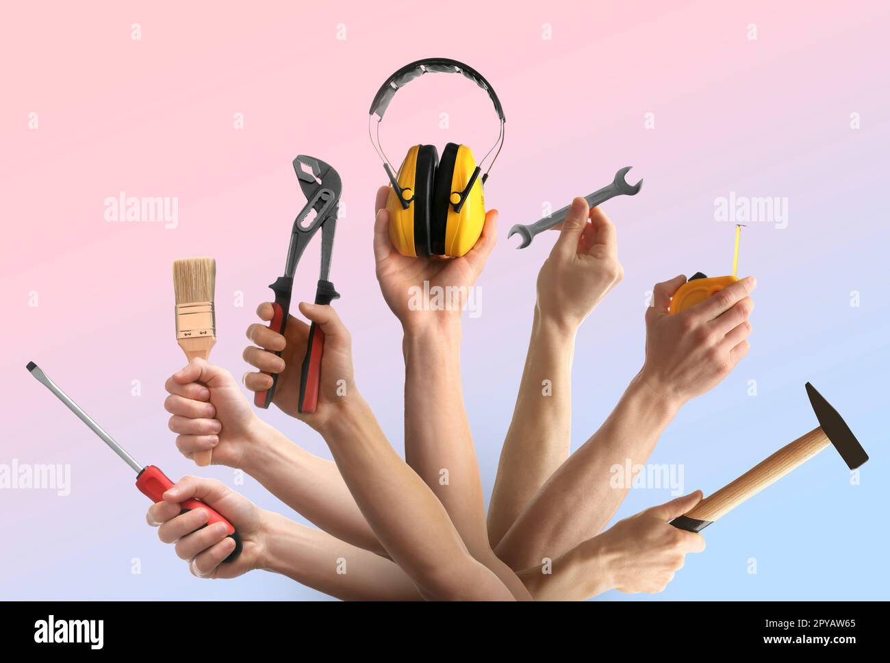 Collage with photos of men holding different construction tools on ...