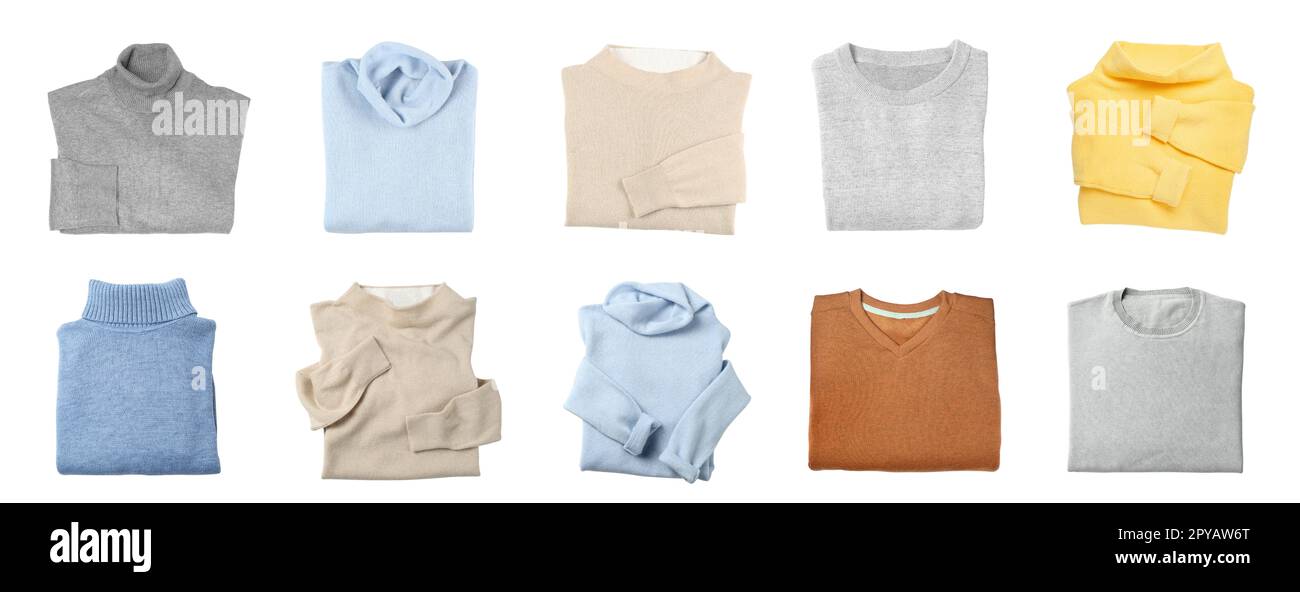 Set with cashmere sweaters isolated on white, top view. Banner design ...