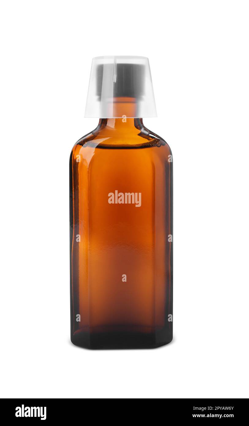 Bottle of syrup with measuring cup on white background. Cough and cold ...