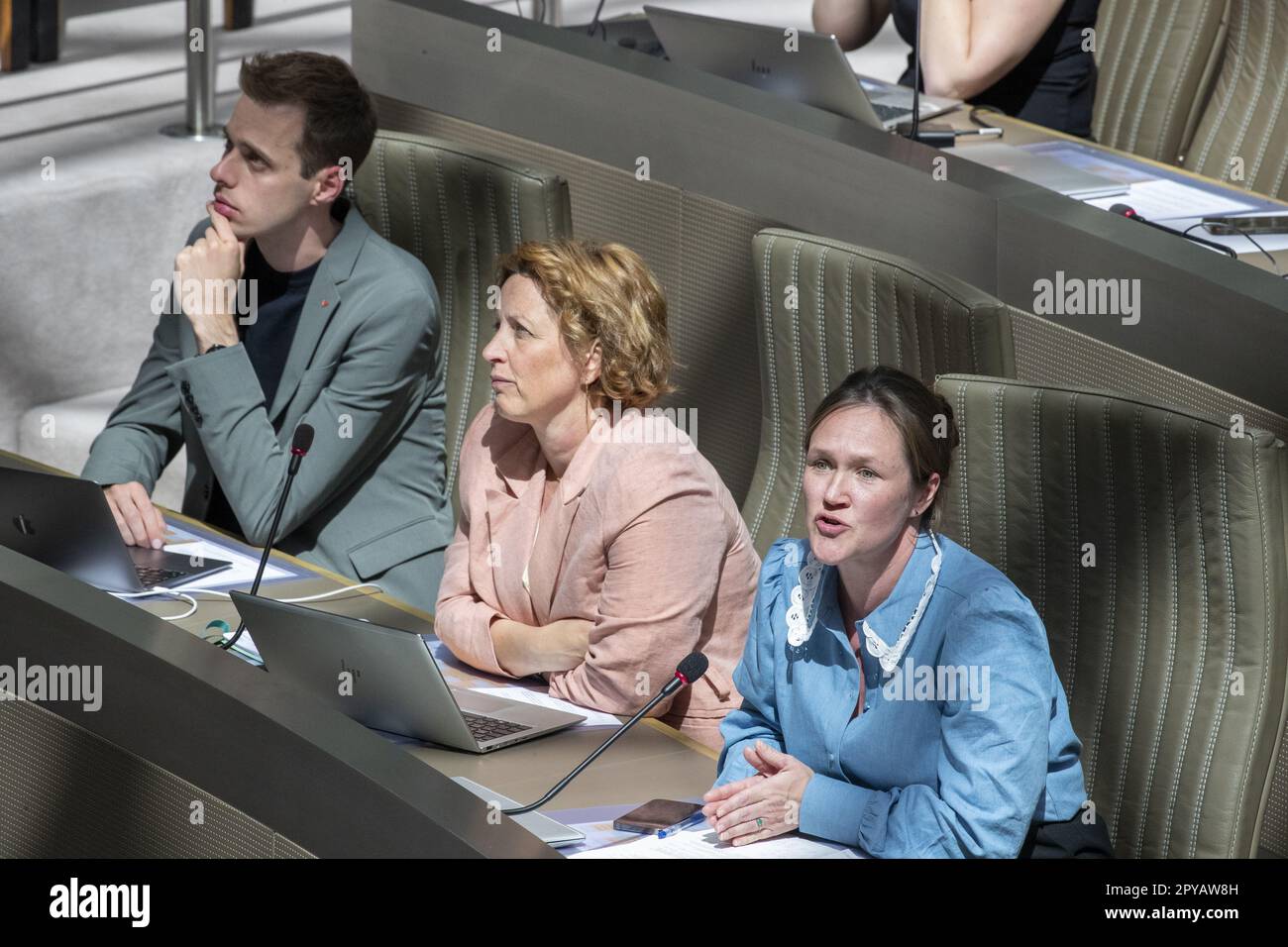 Brussels, Belgium. 03rd May, 2023. PVDA's Jos D'Haese, Groen's Mieke ...