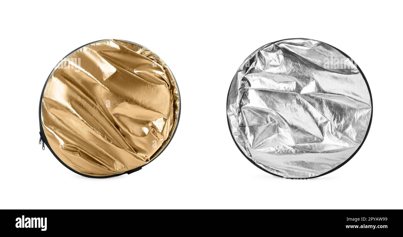 Different reflectors on white background, banner design. Professional ...