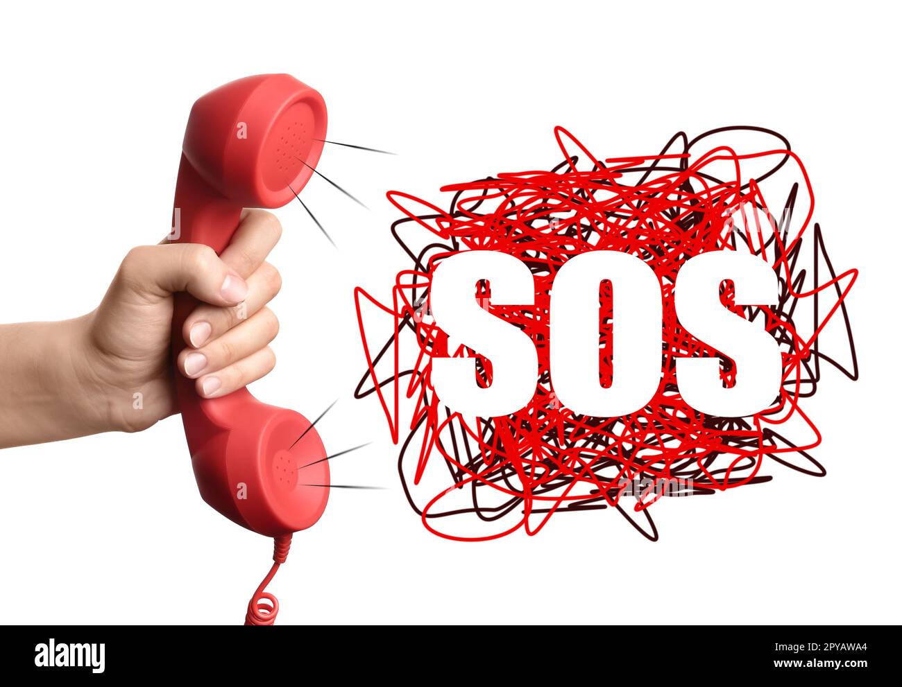 Woman holding telephone handset on white background, closeup. Emergency ...