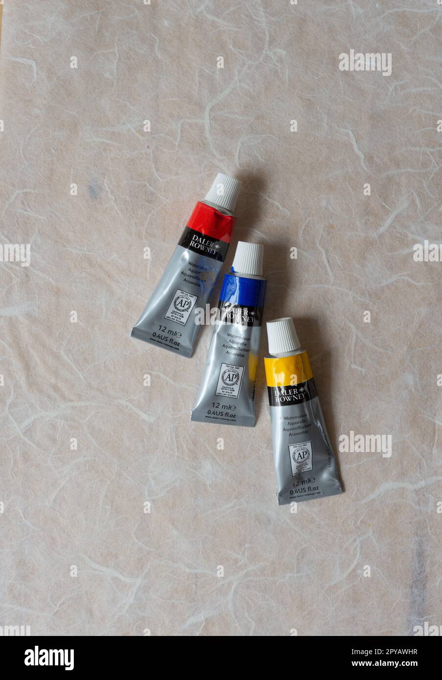 used or grungy Daler Rowney Watercolour tubes - primary colours Stock ...