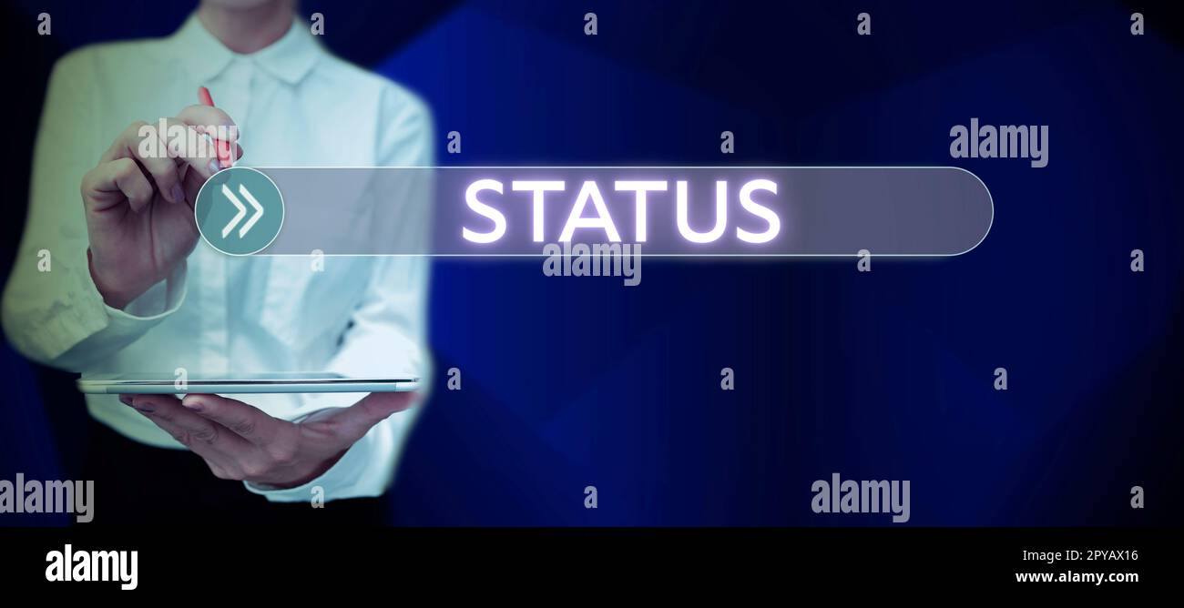 Handwriting text Status. Word for situation at a particular time during ...