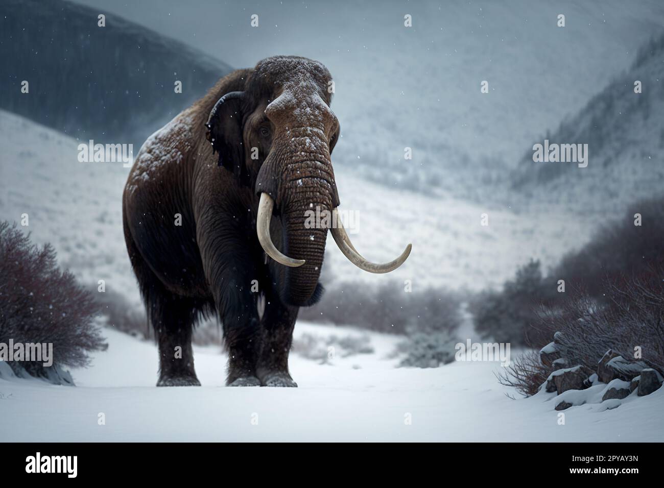 Mammoth in the snowy landscape. Animal in snowy landscape. Generative ...