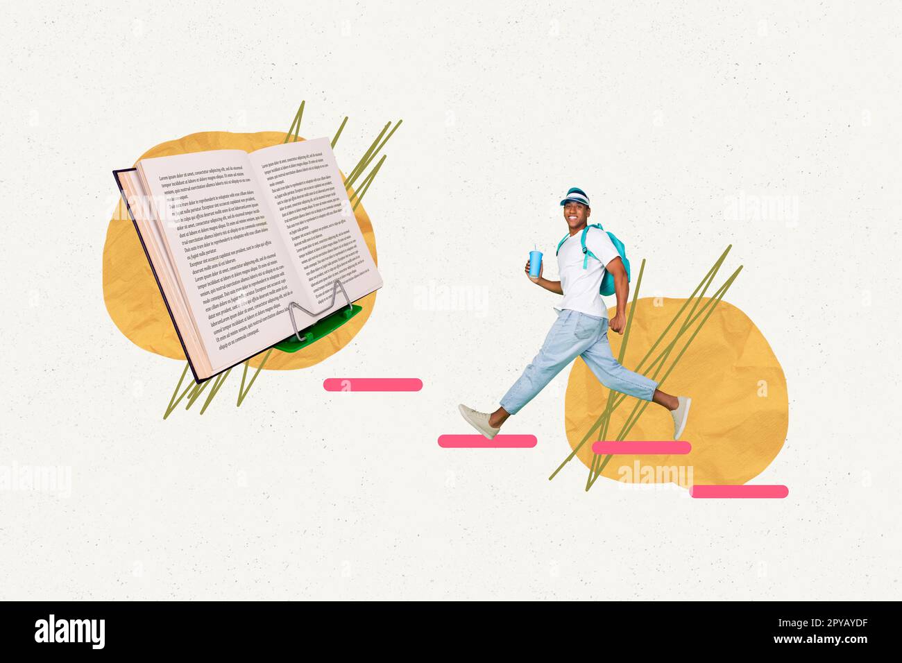 Photo collage artwork of young guy running step enjoy reading books ...