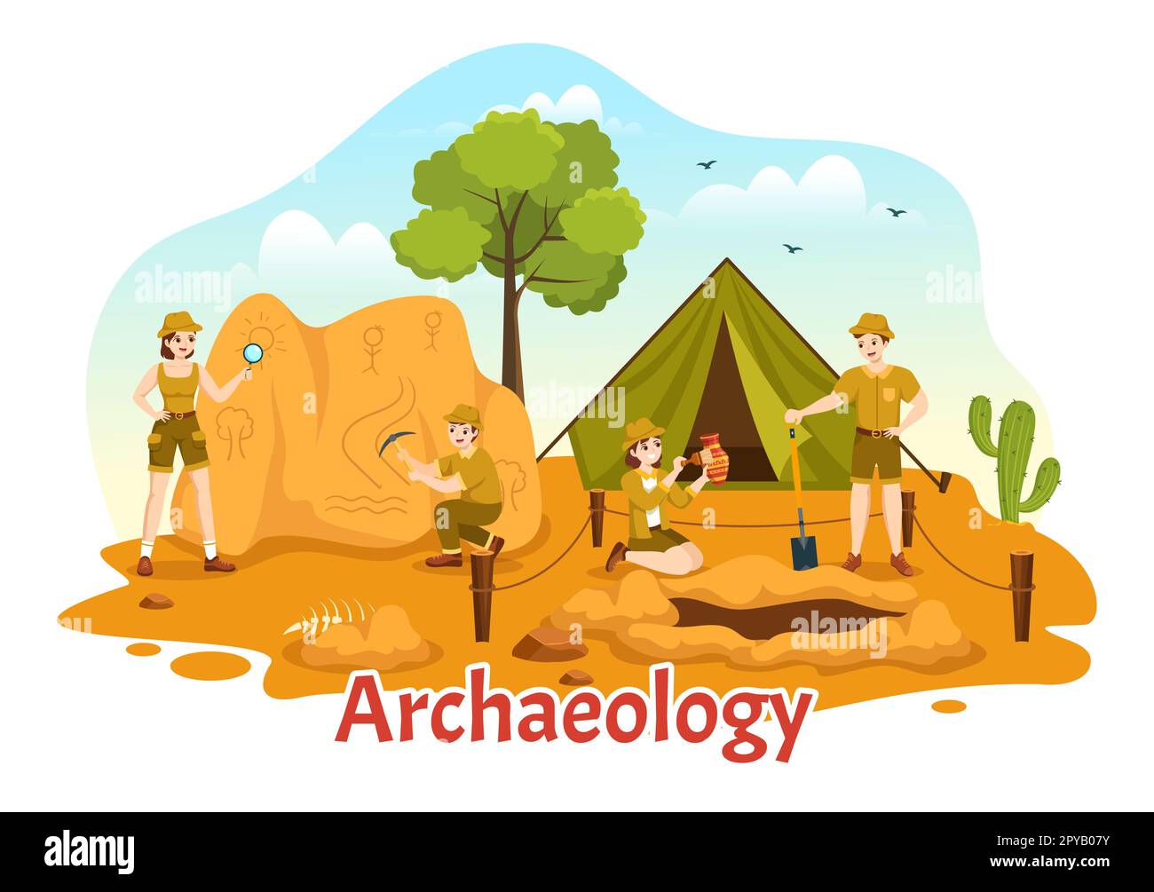 Archeology Illustration with Archaeological Excavation of ancient Ruins ...