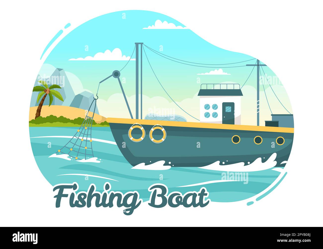 Fishing Boat Illustration with Fishermen Hunting Fish Using Ship for ...