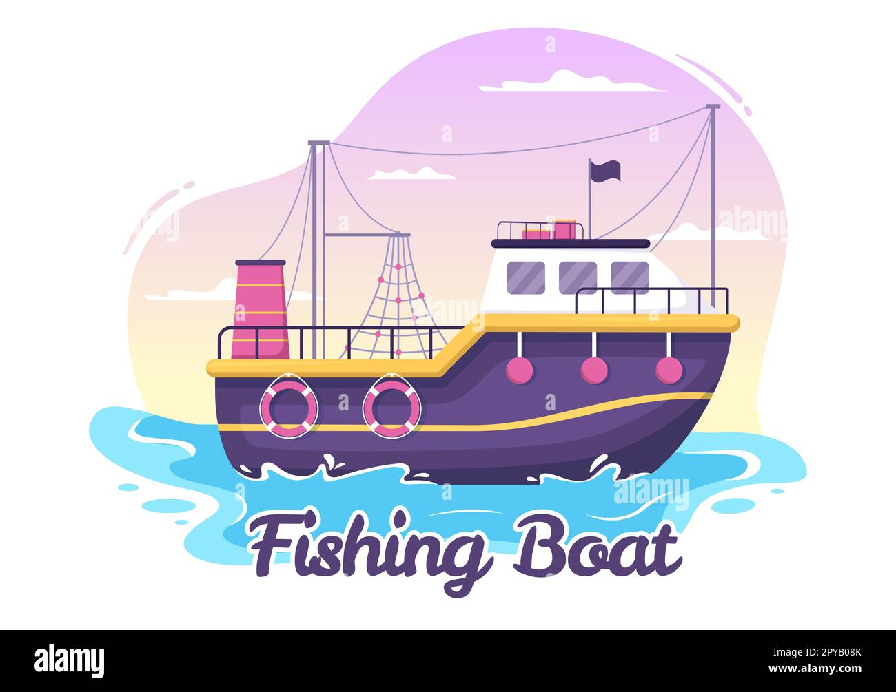 Fishing Boat Illustration with Fishermen Hunting Fish Using Ship for ...