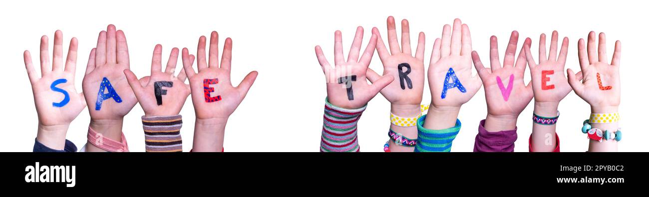 Children Hands Building Word Safe Travel, White Background Stock Photo ...