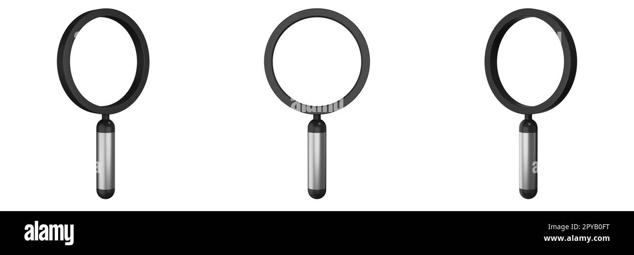 magnifying glass on transparent background, left, front and right view ...