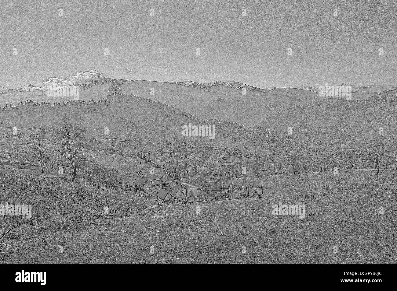 Farmhouse in valley between mountains engraving hand drawn sketch Stock ...