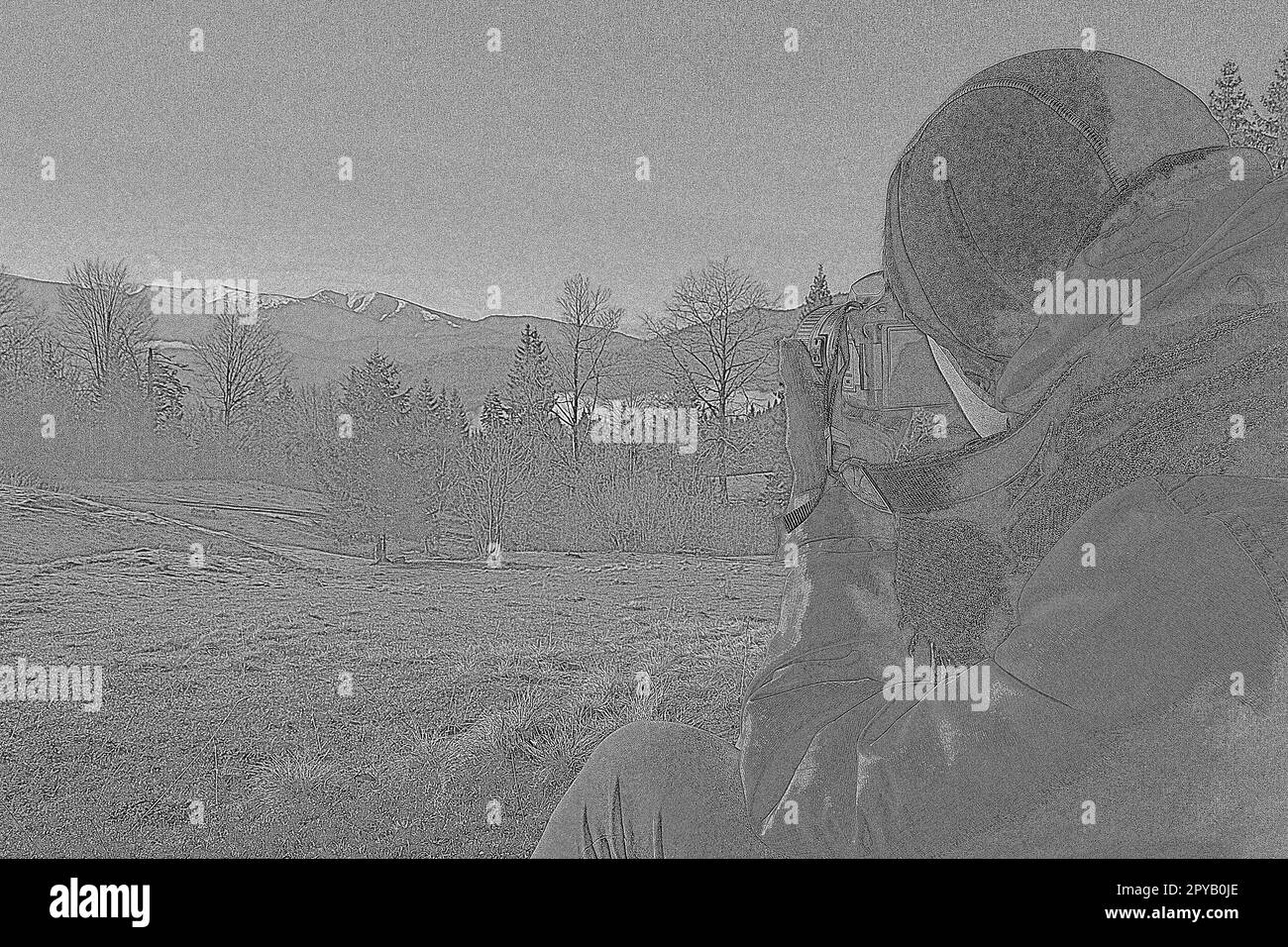 Photographer with camera shooting mountains engraving hand drawn sketch ...