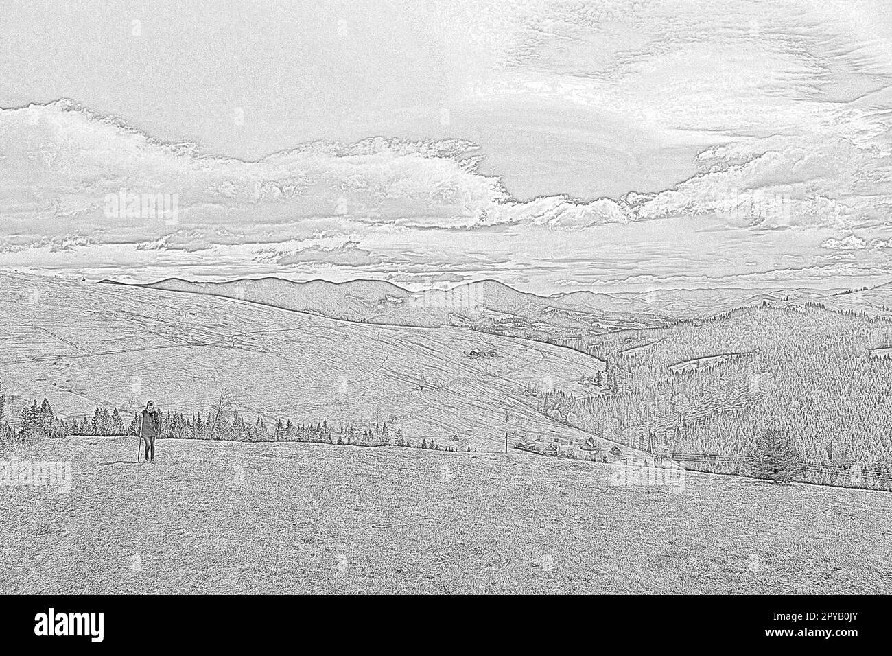 Wide mountain hillside with hiker and houses engraving hand drawn ...