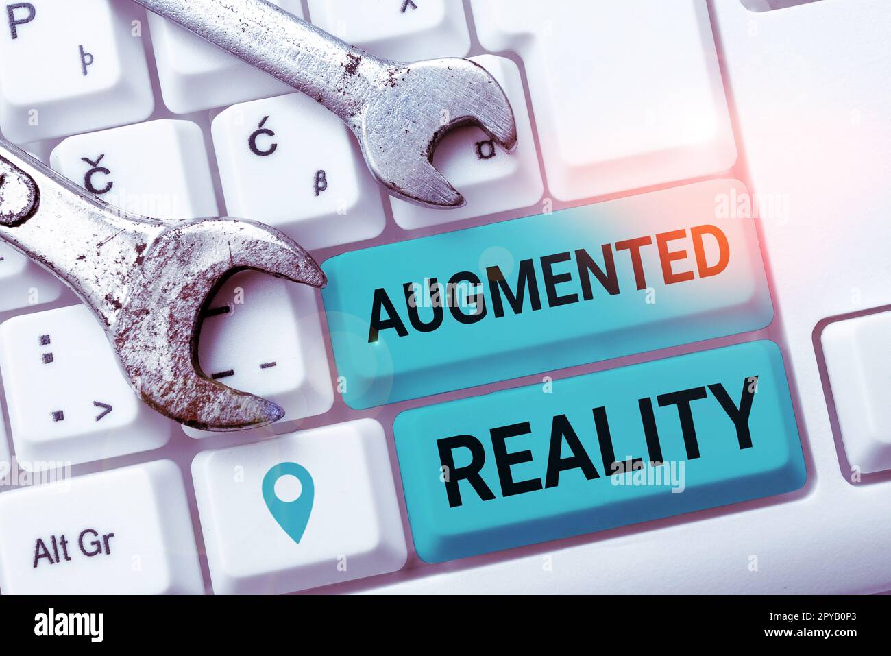 Hand writing sign Augmented Reality. Word for technology that imposes ...