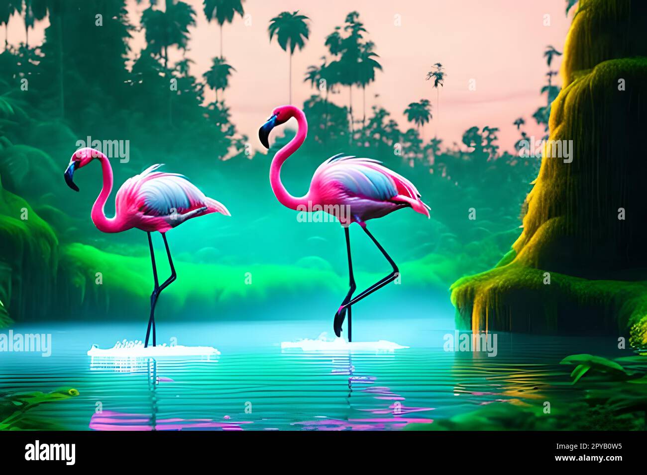 two pink neon flamingos Stock Photo - Alamy