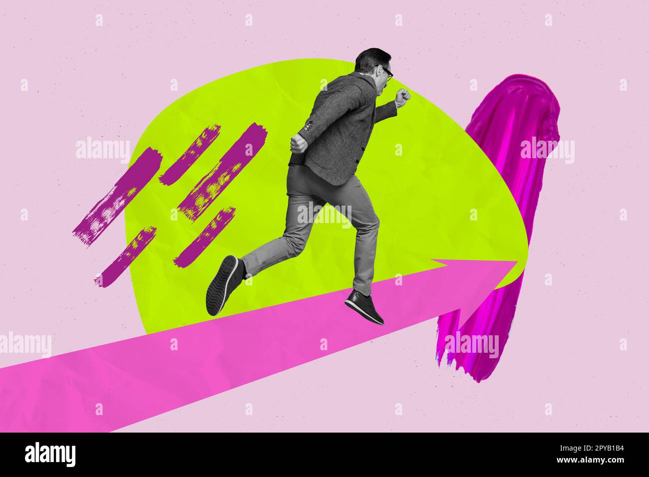 Poster banner collage of worker guy with perseverance run fast for ...