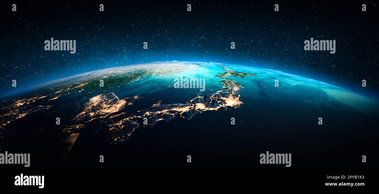 Japan and Korea at night. Elements of this image furnished by NASA. 3d ...