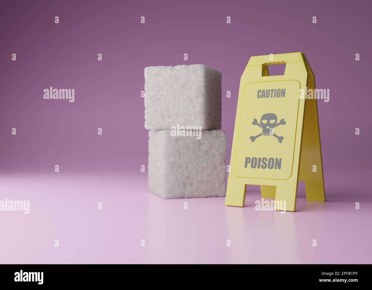 Stacked sugar cubes with a warning sign Caution Poison Stock Photo - Alamy