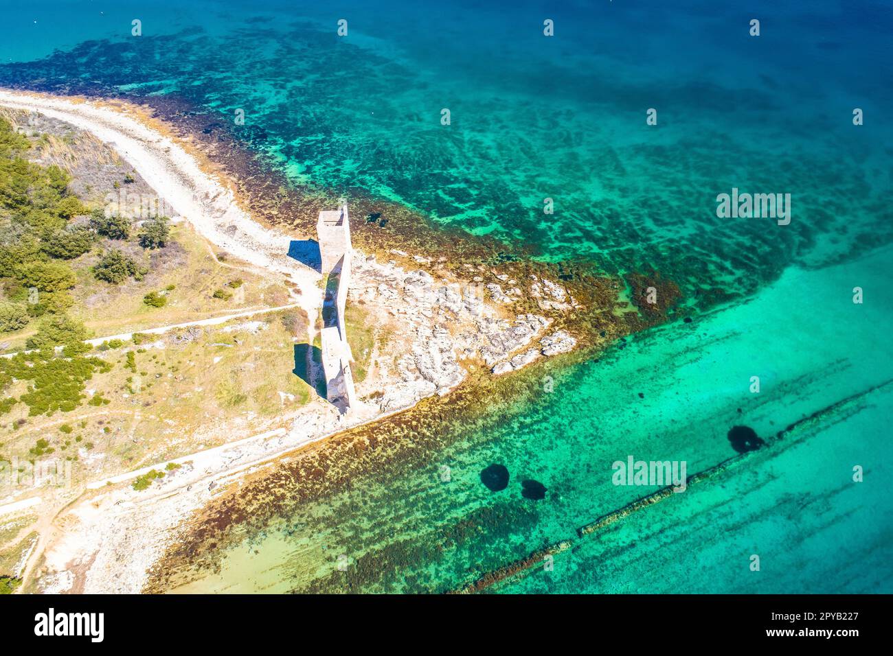 Island of Vir stone beach and fortress ruins aerial view Stock Photo ...