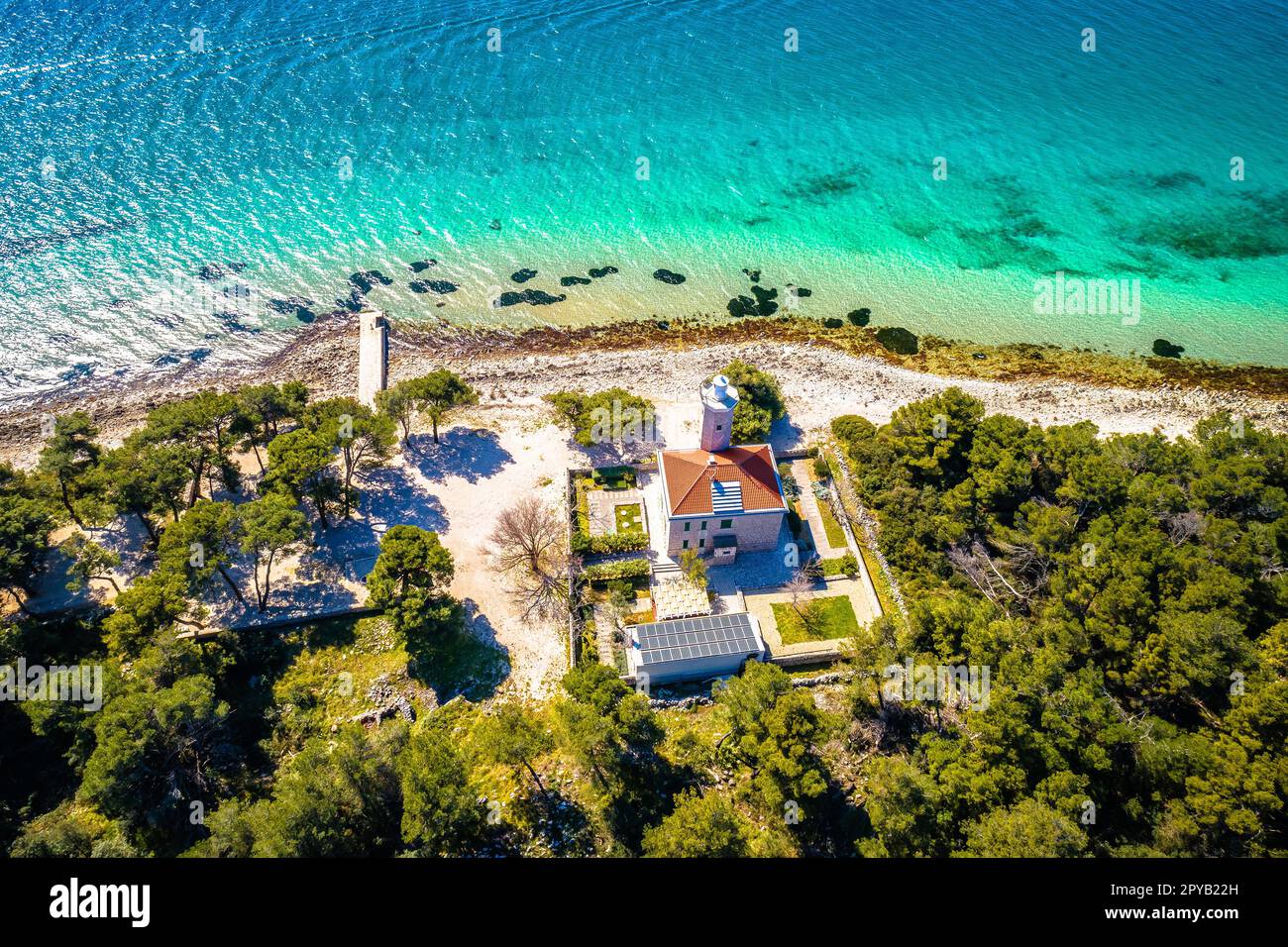 Island of Vir archipelago lighthouse and beach aerial panoramic view ...