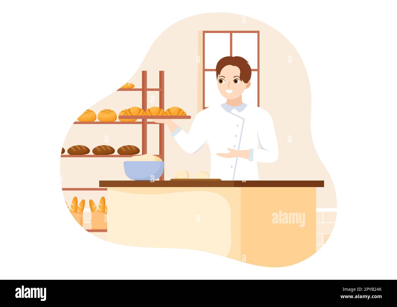 Bread Mill Illustration with Wheat Sacks, Various Breads and Windmill ...